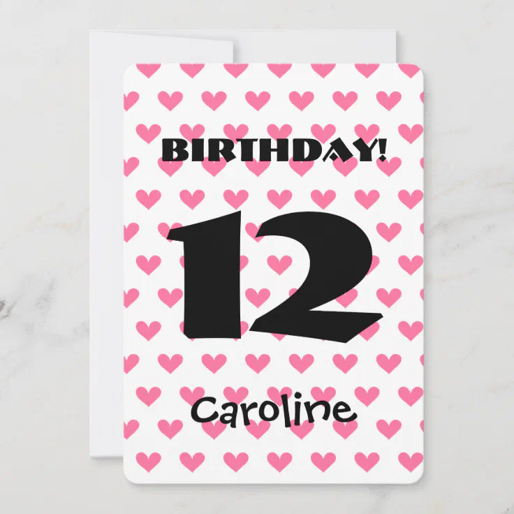 Girl's 12th Birthday Custom Name Modern W11 HEARTS Invitation | Zazzle
