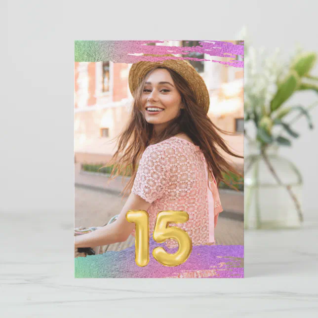 Girls 15th Fifteen Balloon Photo Birthday Party Invitation | Zazzle