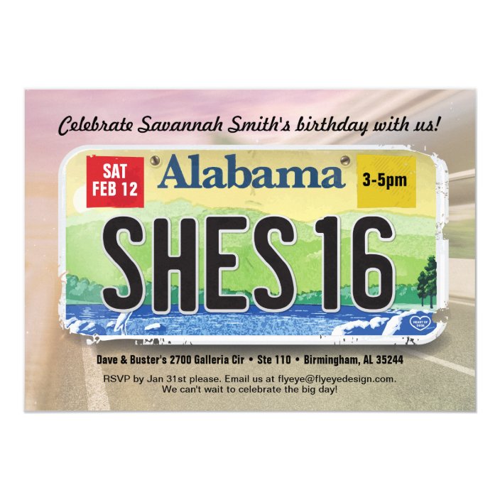 Girl's 16th Bday Alabama License Invitation | Zazzle.com