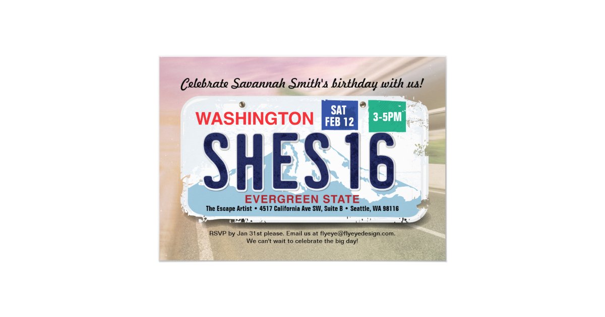 Girl's 16th Birthday Washington License Invitation | Zazzle.com