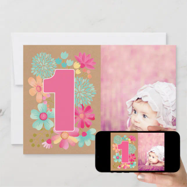 Girls 1st Birthday Party Number Photo Invitation | Zazzle