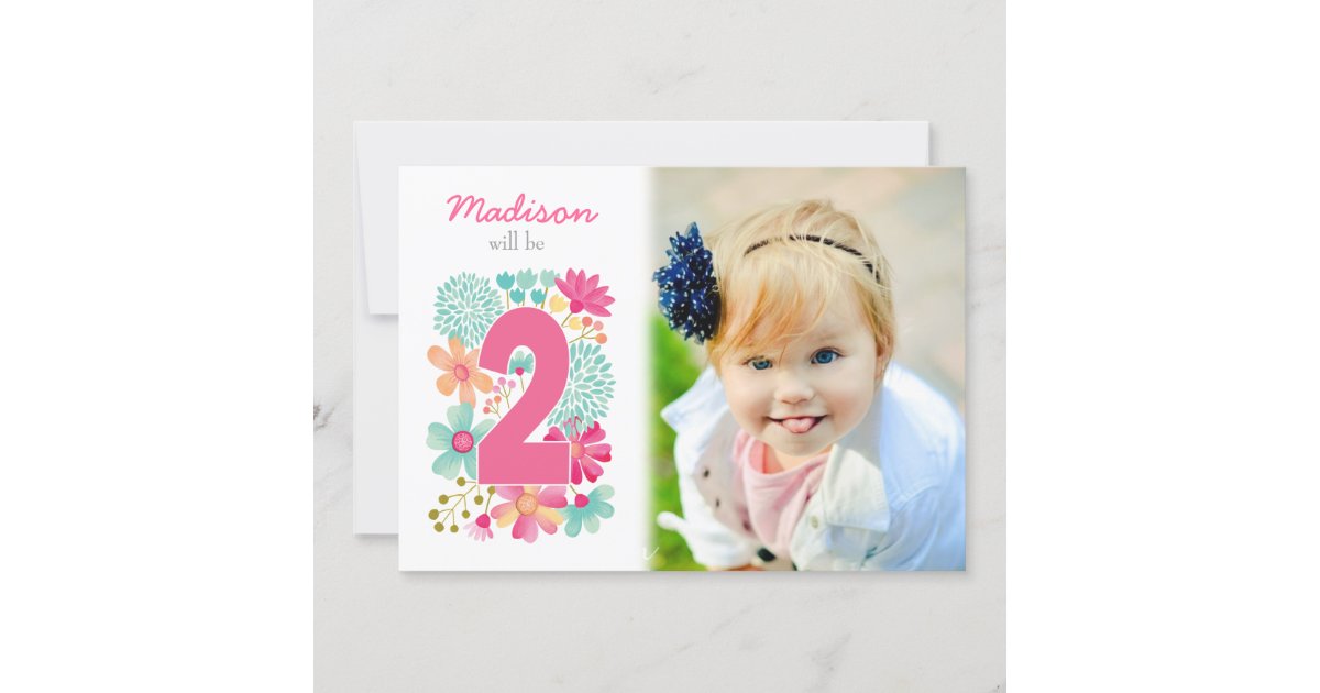 Girls 2nd Birthday Party Number Photo Invitation | Zazzle