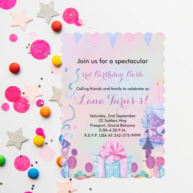 Girls 3rd Birthday Party Invitation | Zazzle