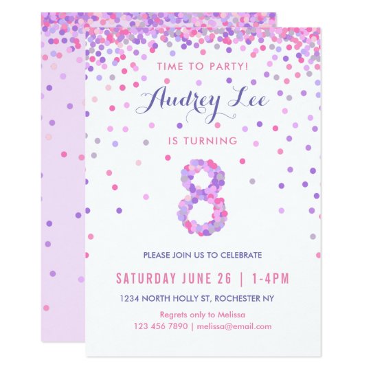 Girls 8th Birthday Eighth Birthday Confetti Party Invitation | Zazzle.com