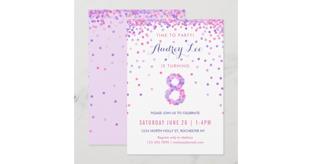 Girls 8th Birthday Eighth Birthday Confetti Party Invitation | Zazzle