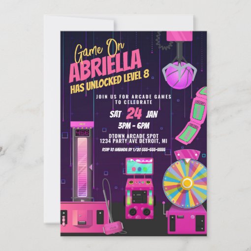 Girls Arcade Birthday Party Invitation | Zazzle