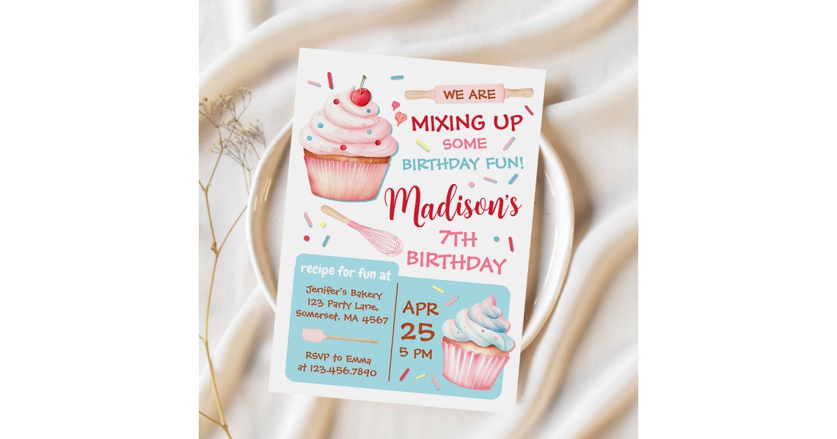 Girls Baking Party Cupcake Birthday Invitation | Zazzle