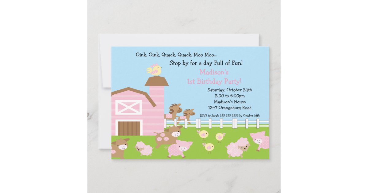 Girls Barn Animal Fun Birthday Party Invitation | Zazzle
