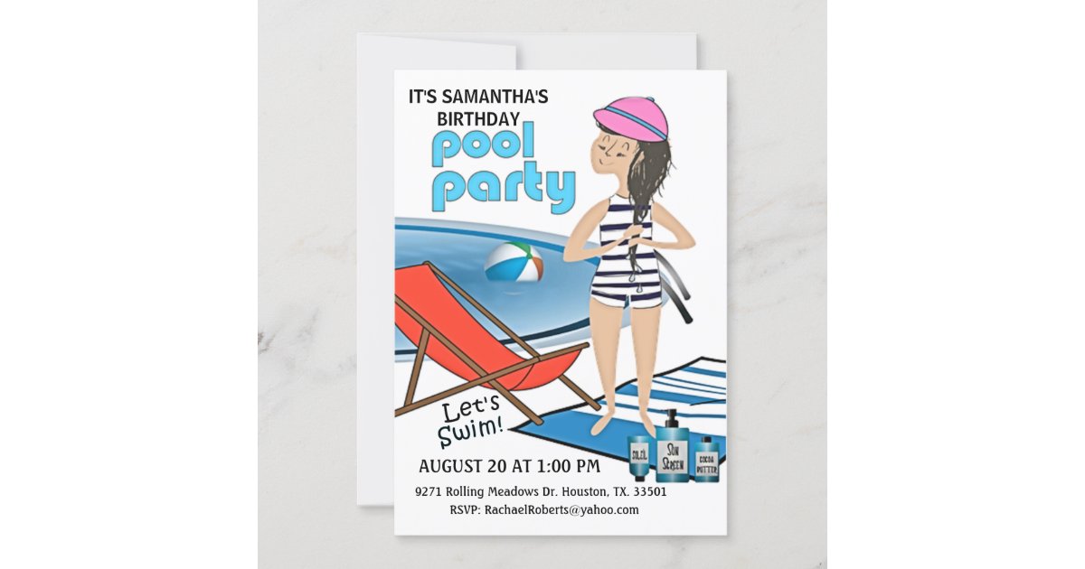 Girl's Birthday Pool Party Let's Swim Invitation | Zazzle
