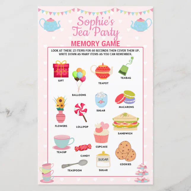 Girls Birthday Tea Party Memory Game | Zazzle