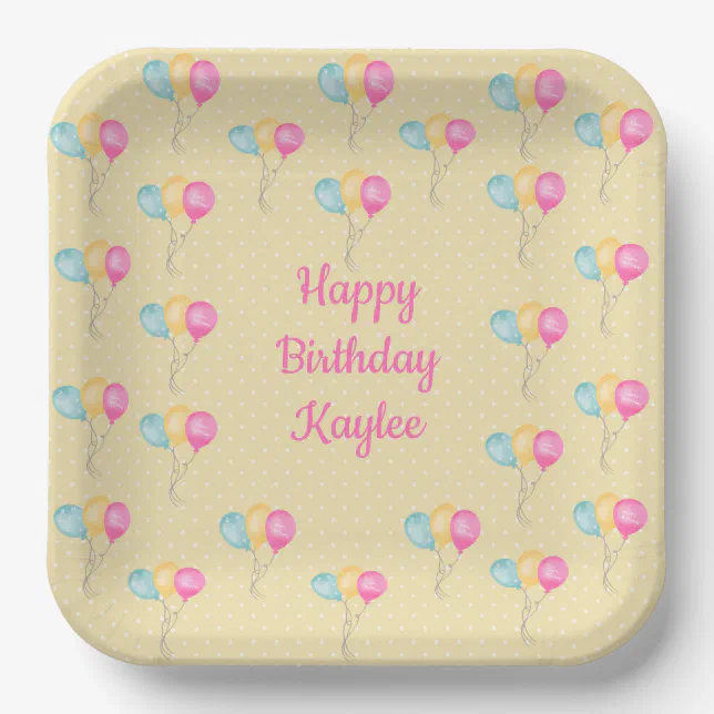 Girls Birthday Yellow Polka Dots And Balloons Paper Plates | Zazzle
