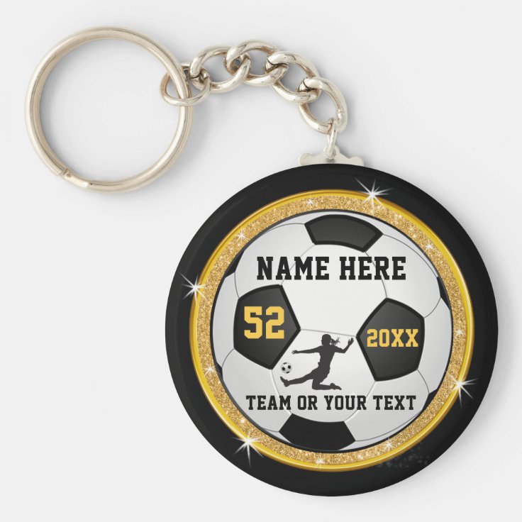 Girls Black and Gold Personalized Soccer Keychains | Zazzle