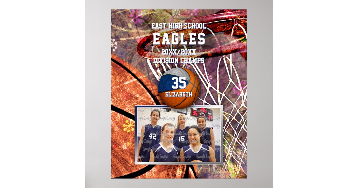 girls blue gray team colors photo basketball poster | Zazzle