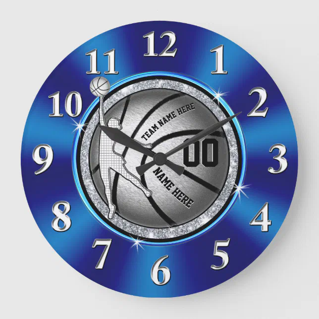 Girls Blue, Silver Personalized Basketball Clock | Zazzle