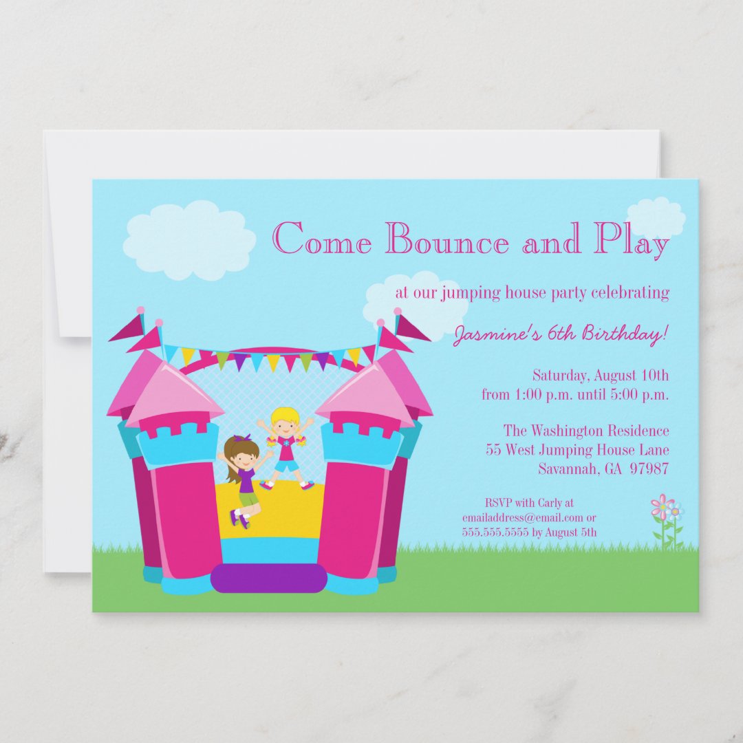 Girl's bounce house birthday party invitation | Zazzle