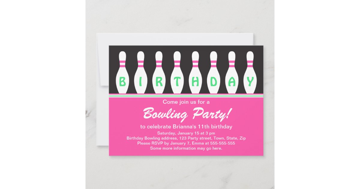 Girls bowling birthday party invitation with pins | Zazzle