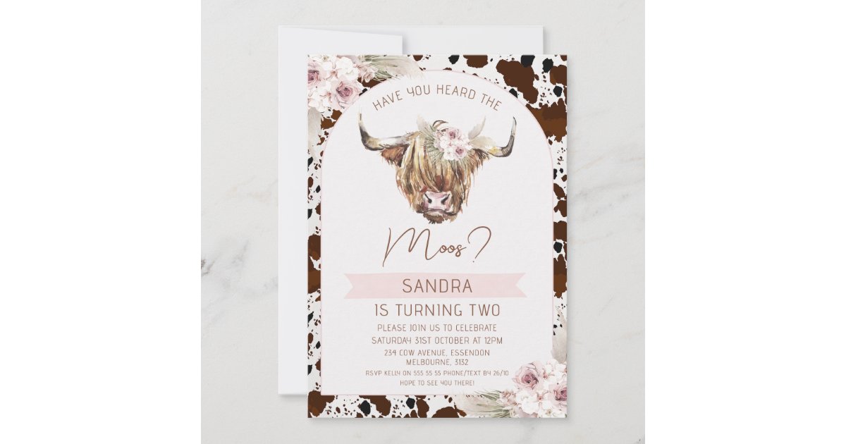 Girls Brown Highland Cow Cow Print Birthday Party Invitation | Zazzle