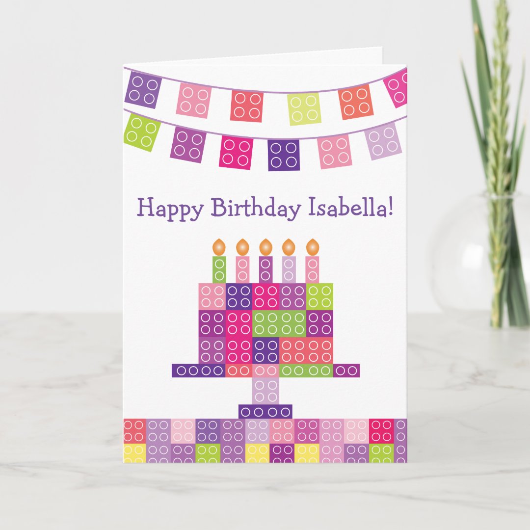 Girl's Building Bricks Blocks Birthday Card | Zazzle
