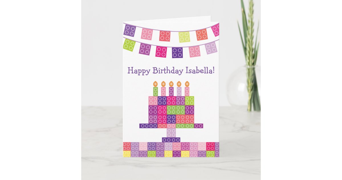 Girl's Building Bricks Blocks Birthday Card | Zazzle