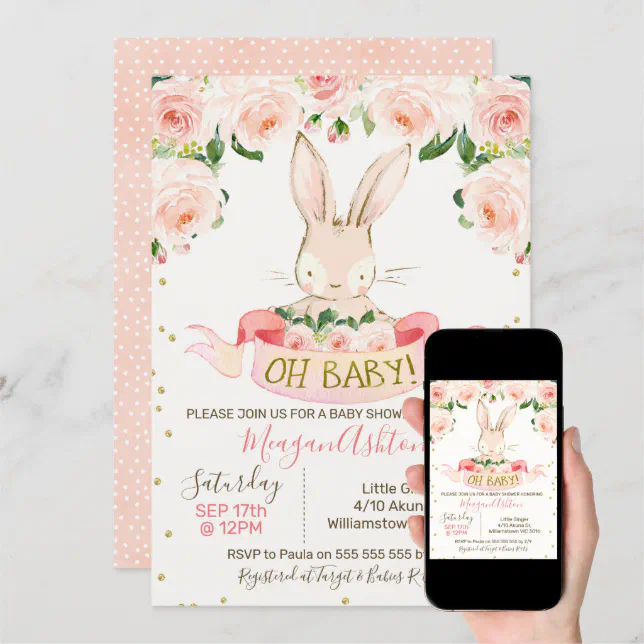Girls Bunny Rabbit Baby Shower Invitation | Zazzle