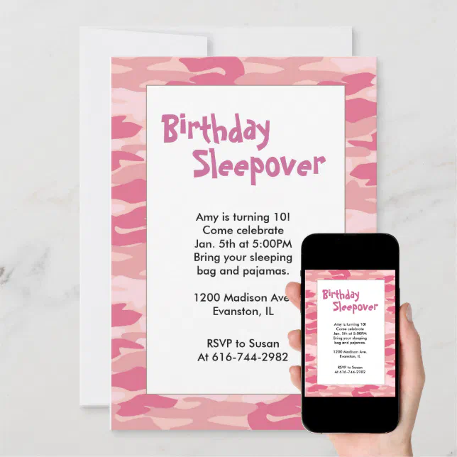 Girls Camo Pink Birthday Sleepover Invitation | Zazzle