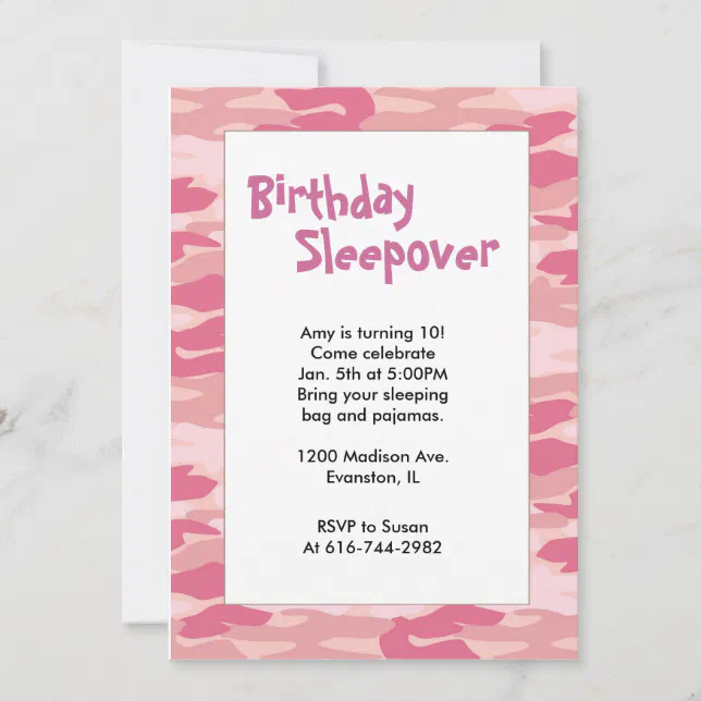 Girls Camo Pink Birthday Sleepover Invitation | Zazzle