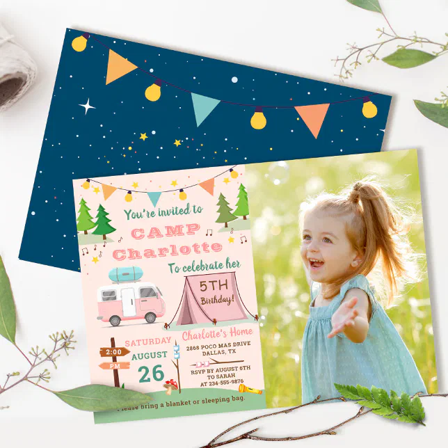 Girls Camping Birthday Camp Out Party Photo Invitation | Zazzle