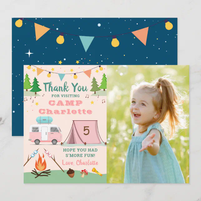 Girls Camping Birthday Camp Party Photo Thank You Card | Zazzle