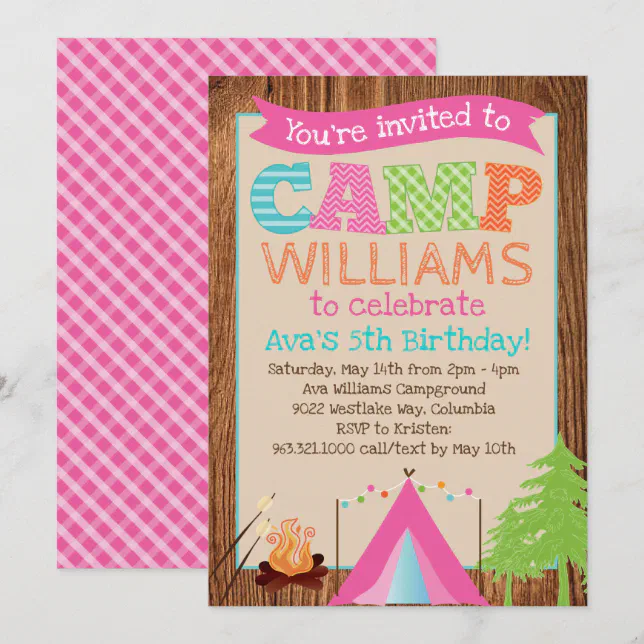 Girls Camping Birthday Party Invitation | Zazzle