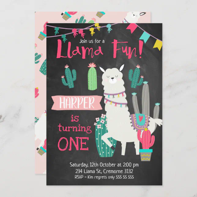 Girls Chalkboard Llama Fun Birthday Invitation | Zazzle