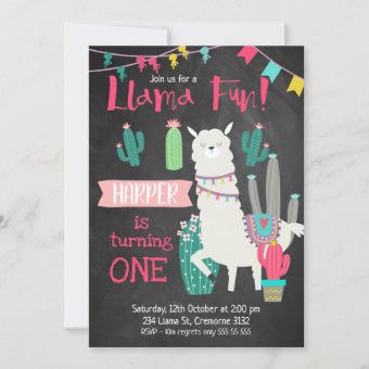 Girls Chalkboard Llama Fun Birthday Invitation | Zazzle