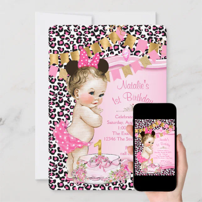 Girls Chic Pink Leopard 1st Birthday Invitation | Zazzle