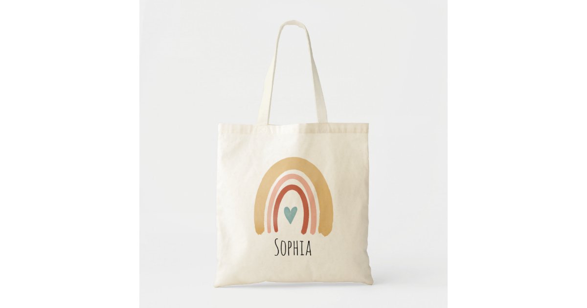 Girls Cute Boho Watercolor Rainbow and Heart Kids Tote Bag | Zazzle