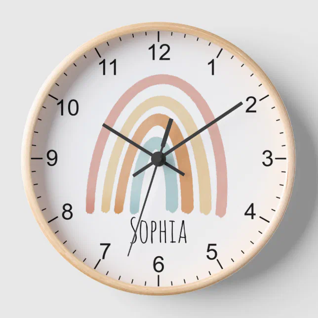 Girls Cute Boho Watercolor Rainbow and Name Clock | Zazzle