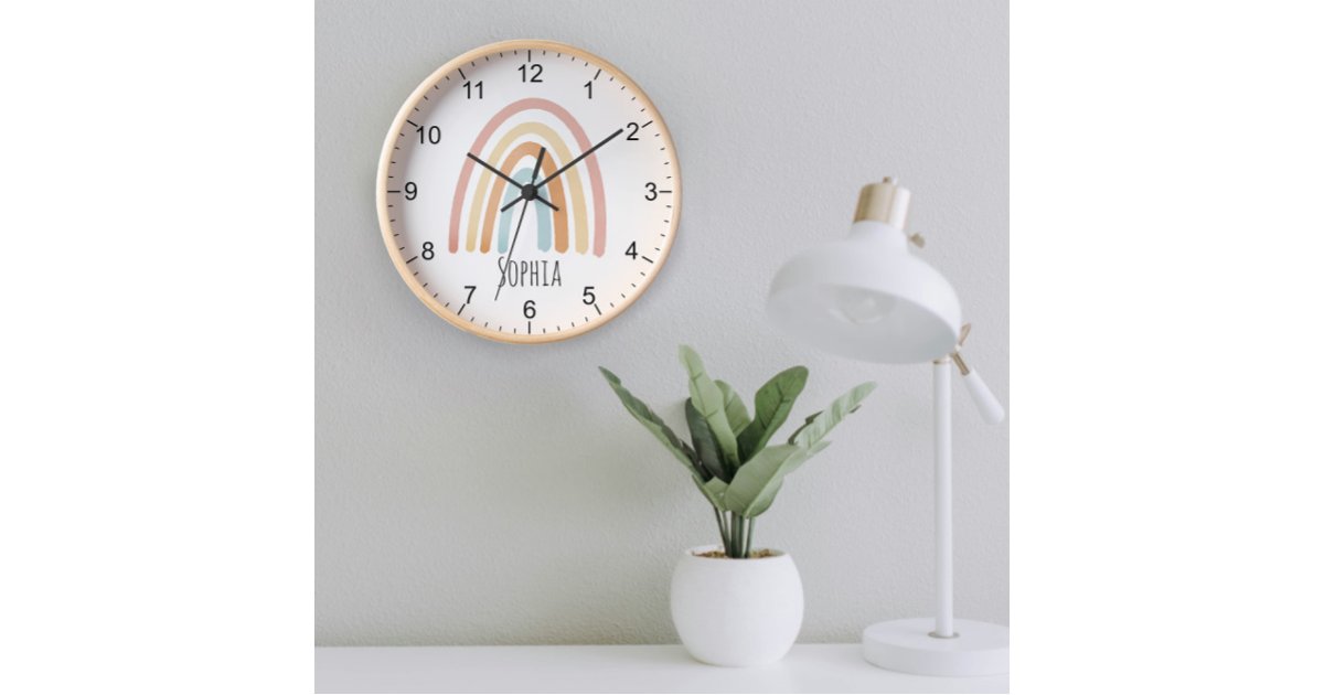 Girls Cute Boho Watercolor Rainbow and Name Clock | Zazzle