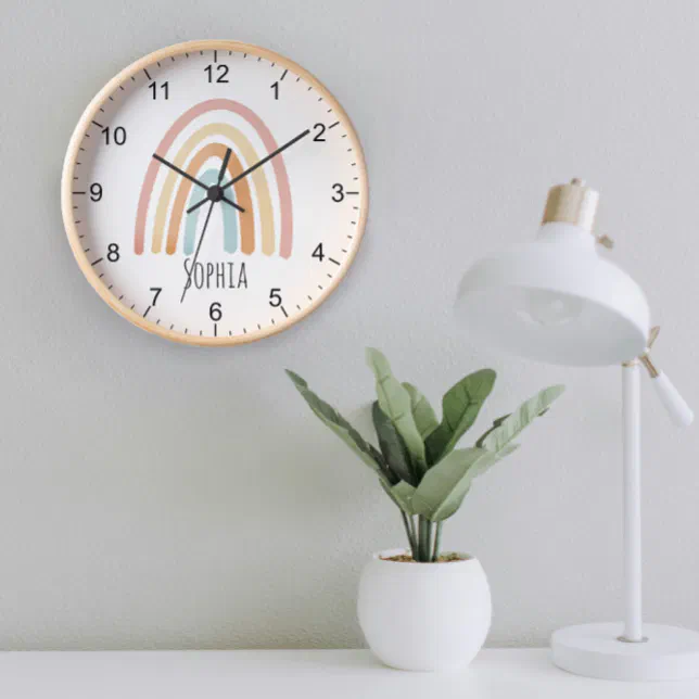 Girls Cute Boho Watercolor Rainbow and Name Clock | Zazzle