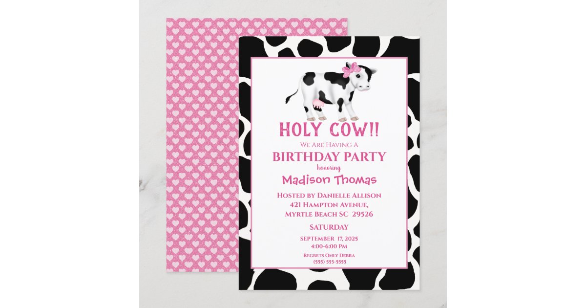 Girls Cute Cow Pink Birthday Party Invitation | Zazzle