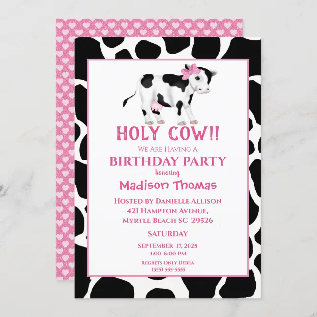 Girls Cute Cow Pink Birthday Party Invitation | Zazzle