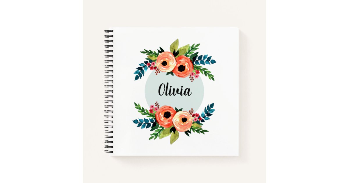 Girls Cute Floral Watercolor Flowers and Name Kids Notebook | Zazzle