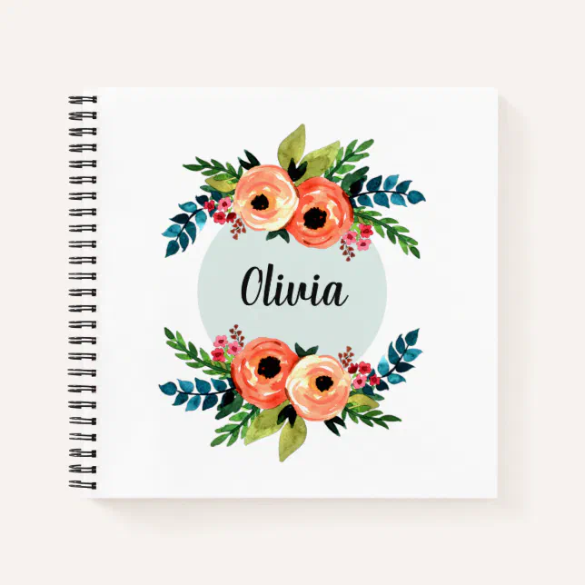 Girls Cute Floral Watercolor Flowers and Name Kids Notebook | Zazzle