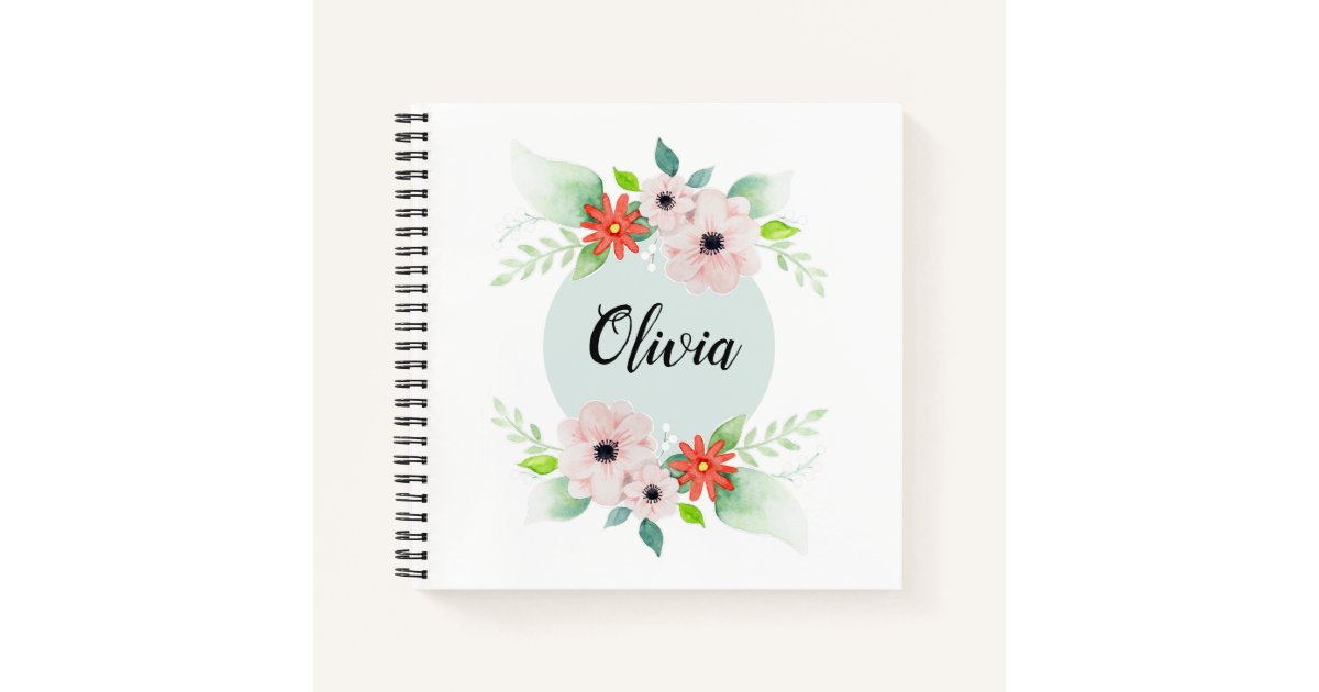 Girls Cute Floral Watercolor Flowers and Name Notebook | Zazzle