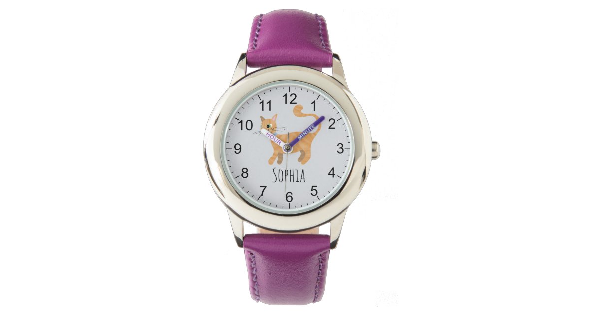 Girls Cute Ginger Tabby Cat Cartoon & Name Kids Watch | Zazzle