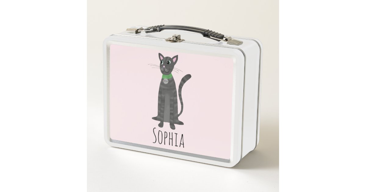 Girls Cute Gray Tabby Kitty Cat Cartoon Kids Metal Lunch Box | Zazzle