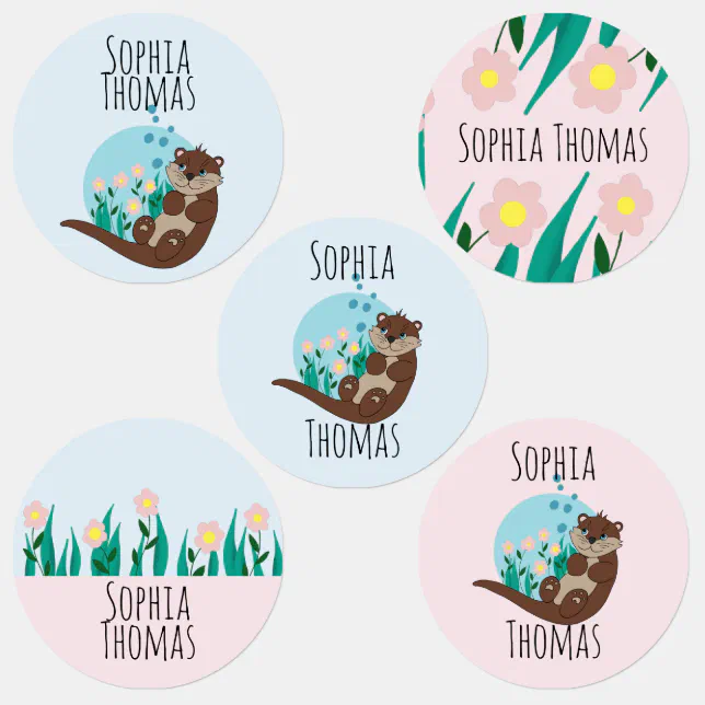 Girls Cute Otter Cartoon Flowers and Name Kids' Labels | Zazzle