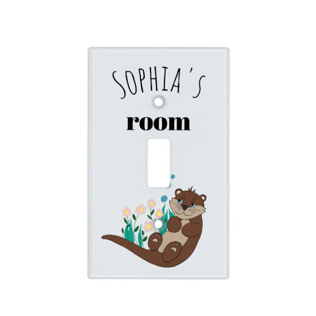 Girls Cute Otter Cartoon Flowers and Name Kids Light Switch Cover | Zazzle