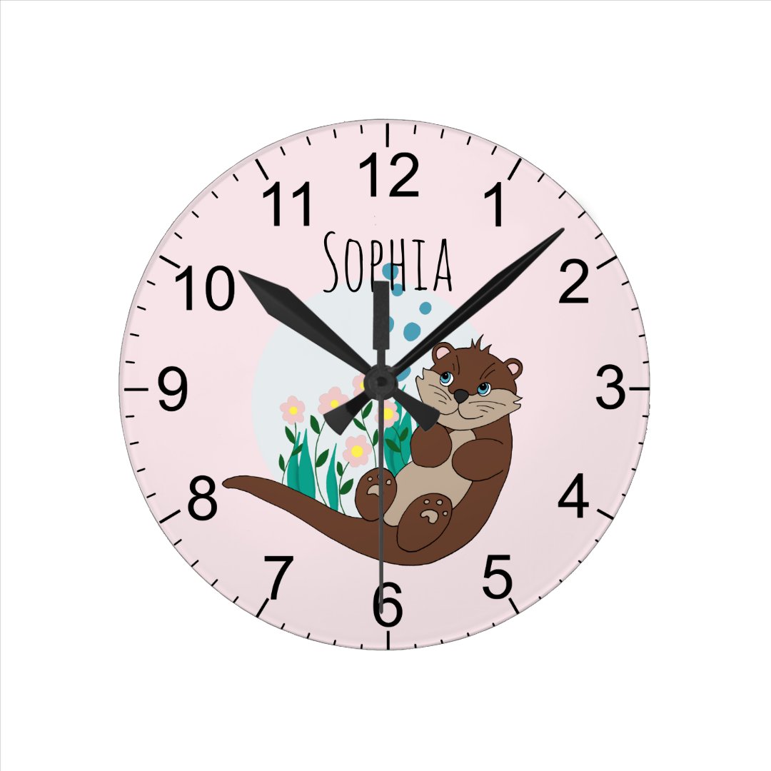 Girls Cute Pink Otter Flowers and Name Kids Round Clock | Zazzle
