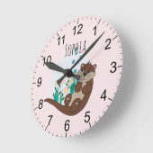 Girls Cute Pink Otter Flowers and Name Kids Round Clock | Zazzle
