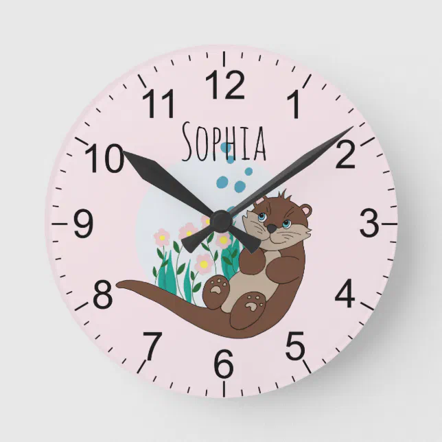 Girls Cute Pink Otter Flowers and Name Kids Round Clock | Zazzle