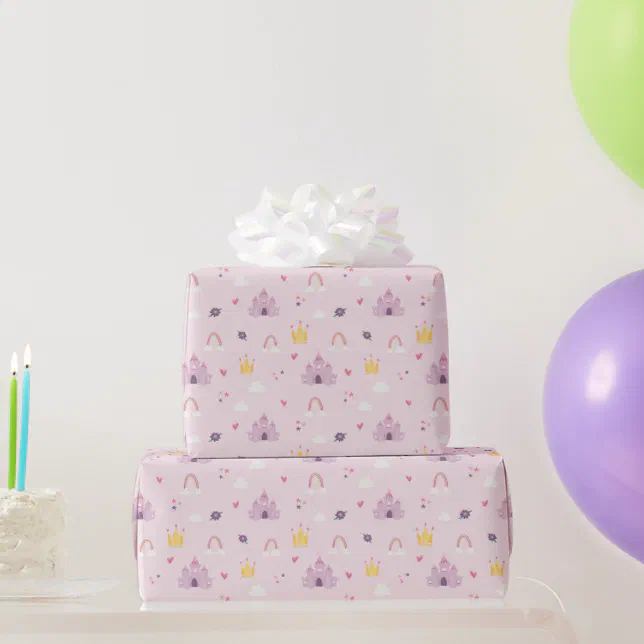 Girls Cute Pink Princess Castle Kids Birthday Wrapping Paper | Zazzle