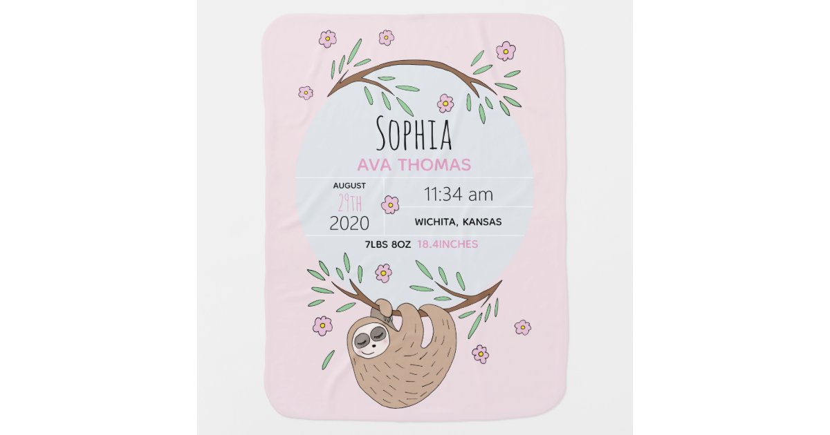 Girls Cute Pink Sleeping Sloth Name Birth Stats Baby Blanket | Zazzle